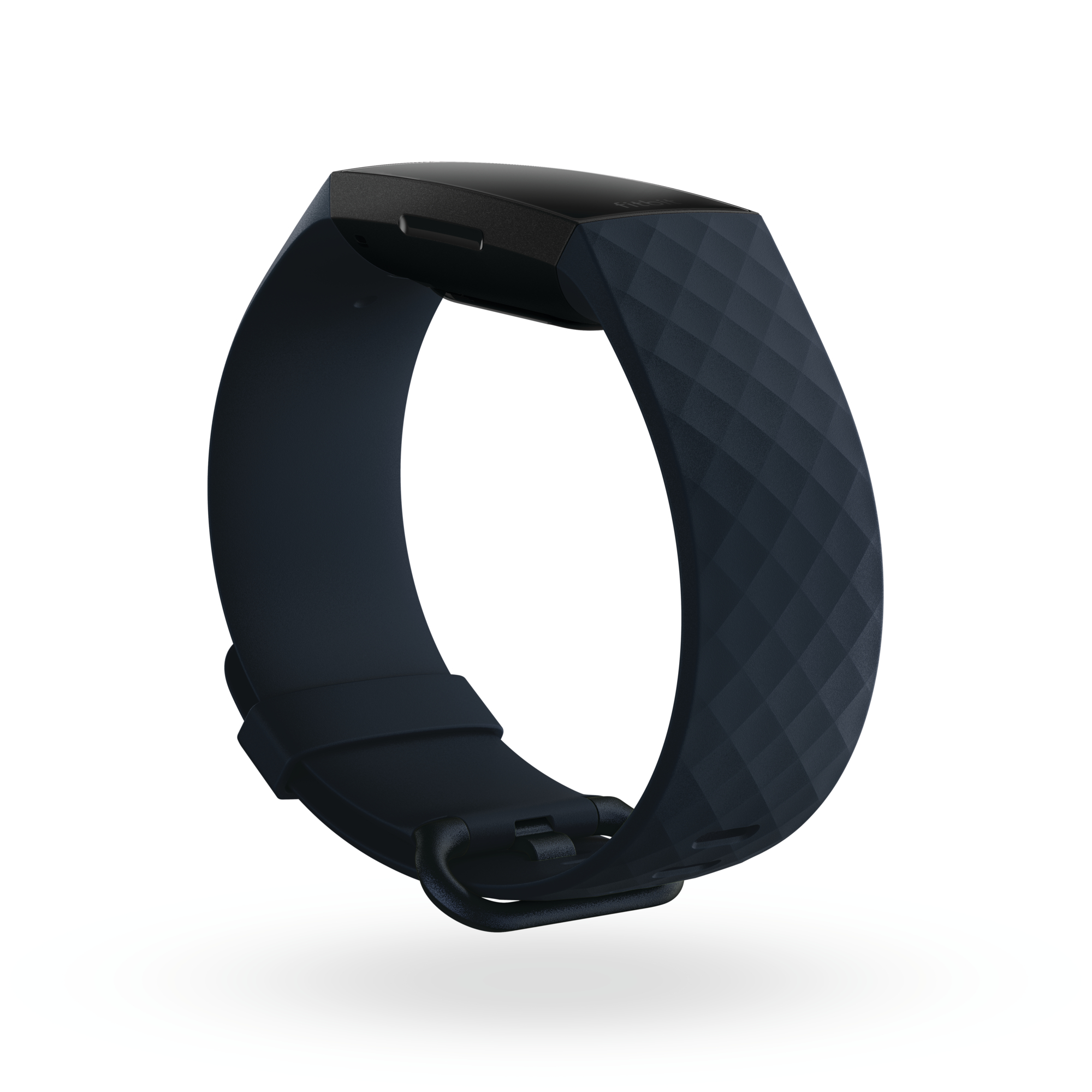 Product render of Fitbit Charge 4, dramatic view, in Storm Blue and ...