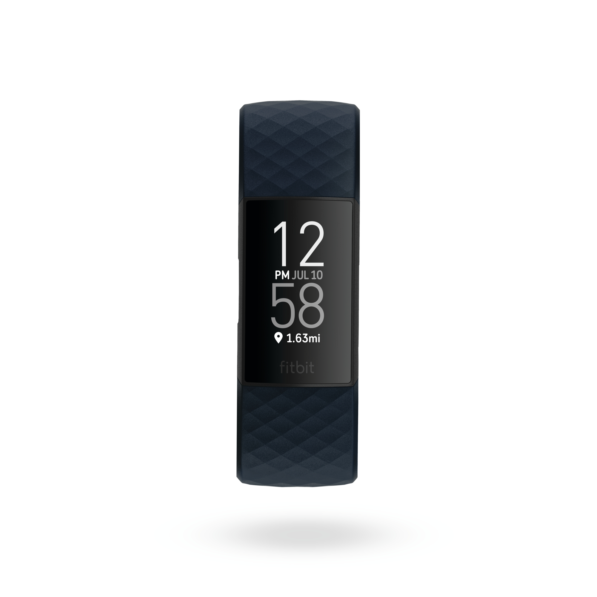 Product render of Fitbit Charge 4, front view, in Storm Blue and Black ...