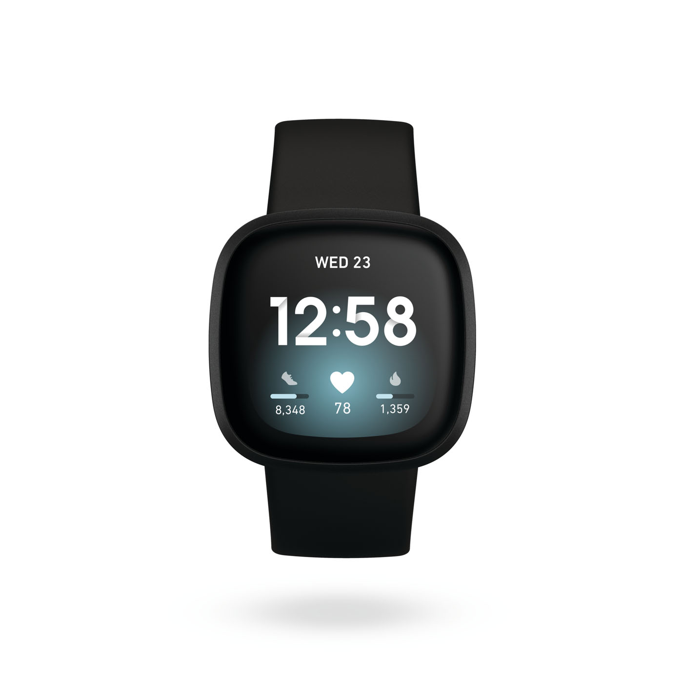 Product render of Fitbit Versa 3, front view, in Black and Black ...