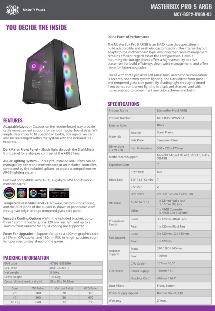 Cooler Master MasterBox Pro 5 ARGB – Ban Leong Chin Inter Co. Ltd.