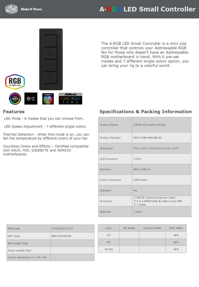 Cooler Master A-RGB LED Small Controller – Ban Leong Chin Inter Co. Ltd.