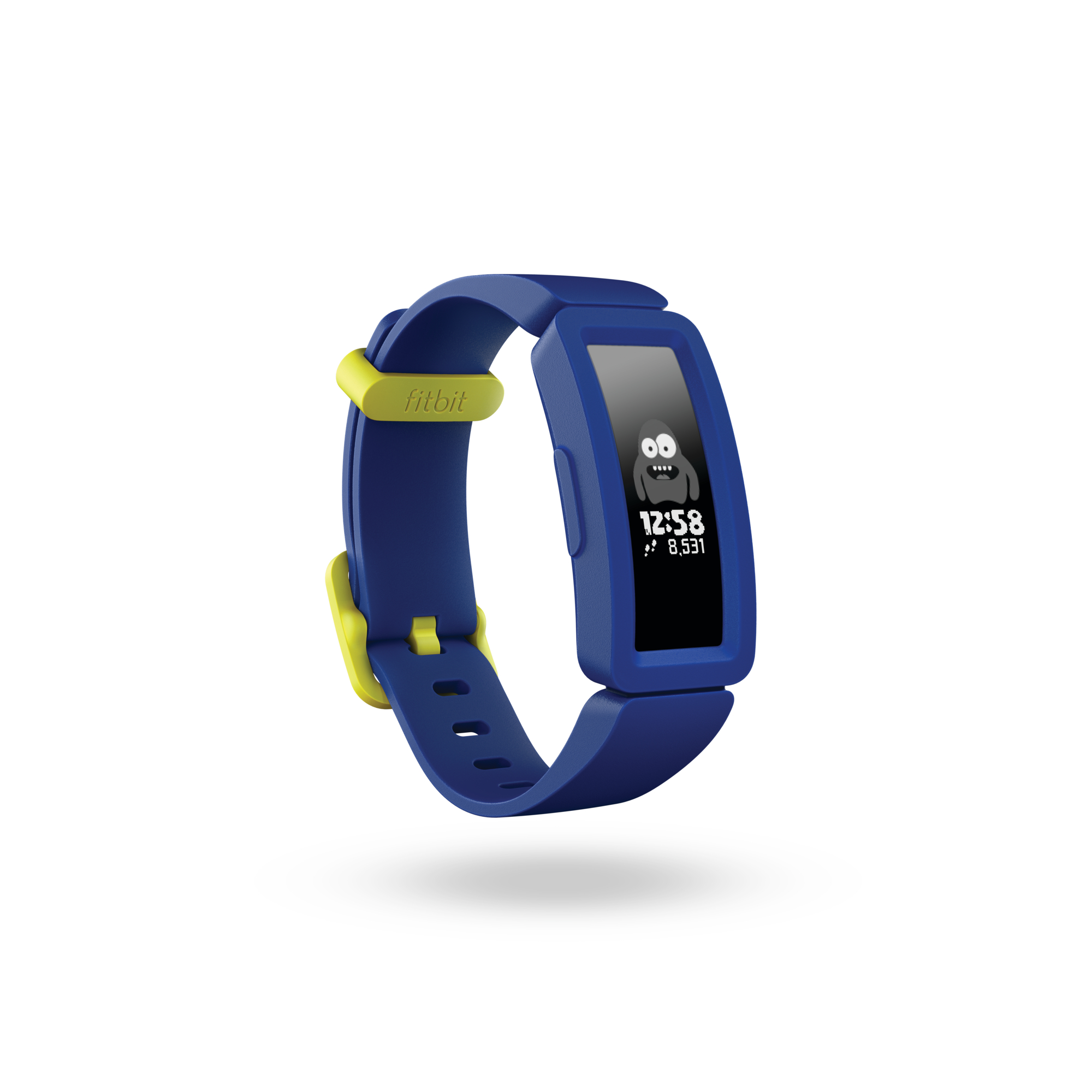 Product render of Fitbit Ace 2, 3QTR view, in Night Sky and Neon Yellow ...