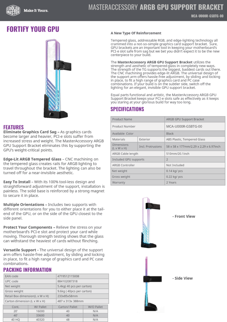 Cooler Master ARGB GPU Support Bracket – Ban Leong Chin Inter Co. Ltd.
