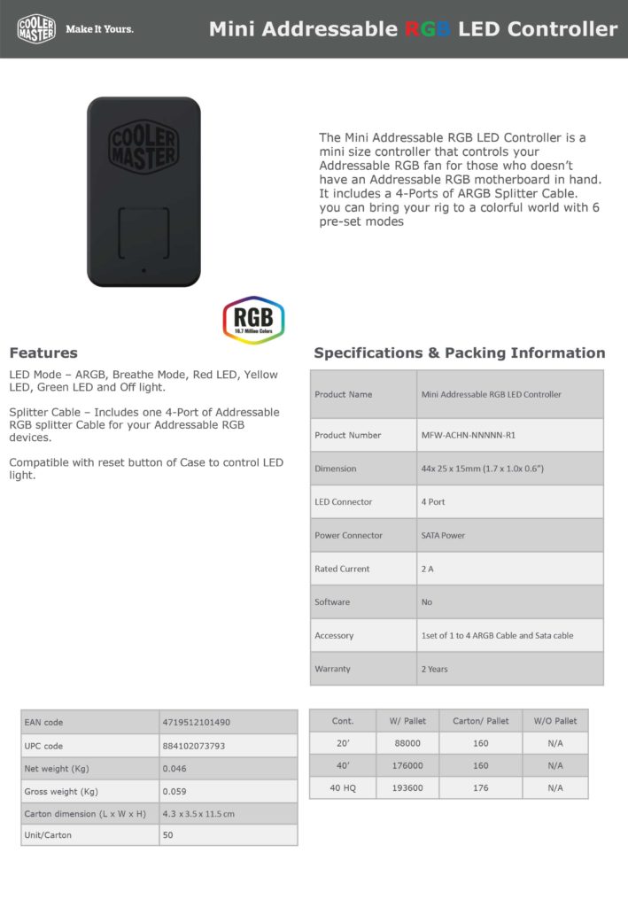 Cooler Master Mini-A-RGB LED Controller – Ban Leong Chin Inter Co. Ltd.
